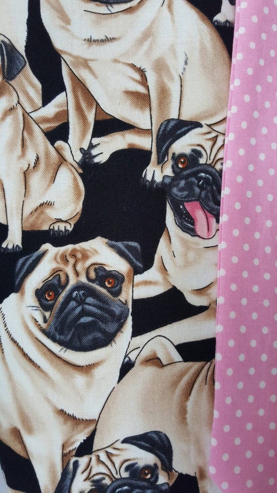 HANDMADE Black Designer Pug fabric tied tote bag fully lined