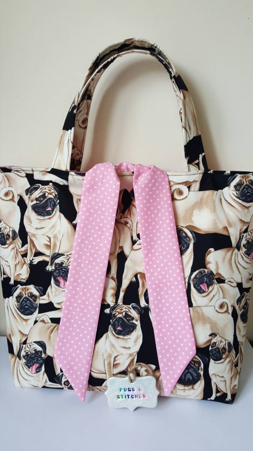 HANDMADE Black Designer Pug fabric tied tote bag fully lined