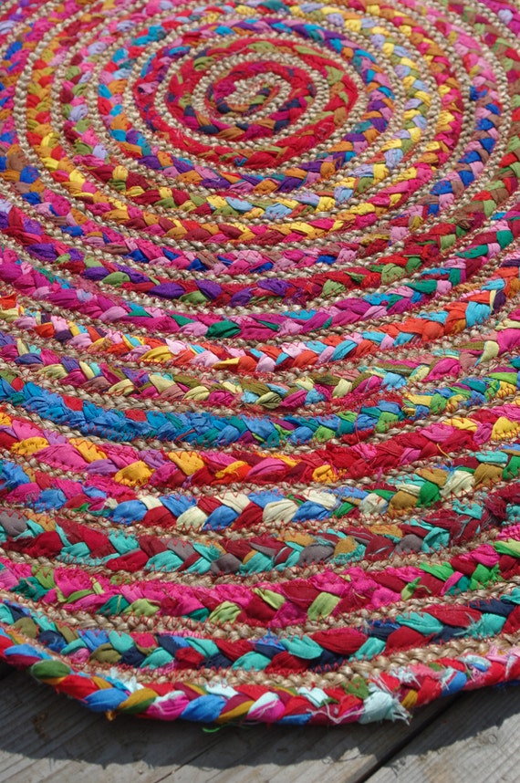 Hand Made ROUND Rainbow colour Braided COTTON & JUTE Rag Rug