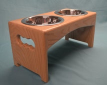 Elevated Dog Feeder, Solid Oak Wood, Two Stainless Steel 1 Quart Dog Bowls