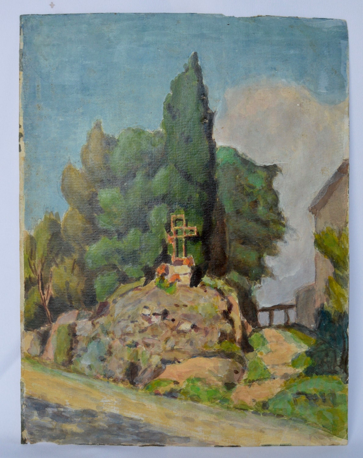 French Countryside Landscape Painting French Vintage Gouache