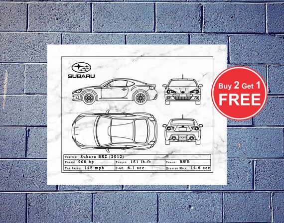Subaru BRZ 2012 Vector Blueprint Patent Prints Posters