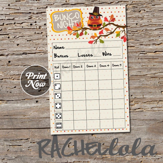 Thanksgiving Owl Bunco Score Card Score Sheet Fall Bunko Party 