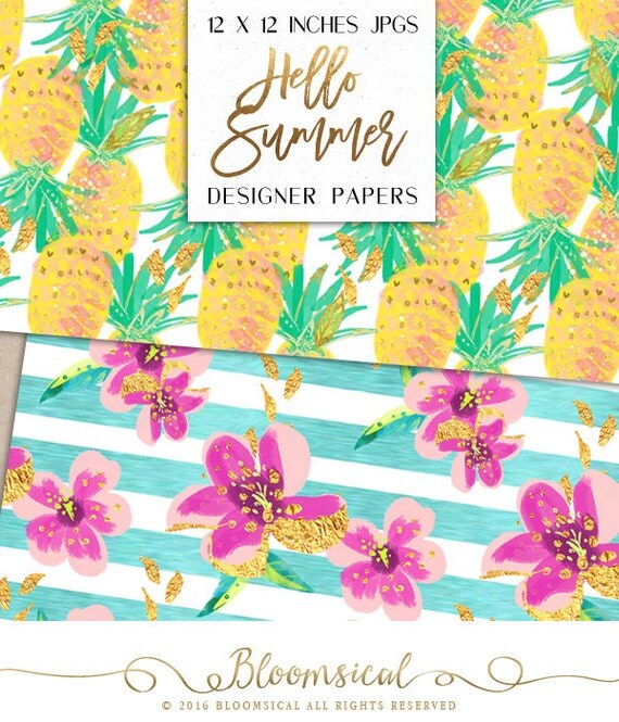 Summer Digital Papers Tropical Pineapple Lemon Oranges