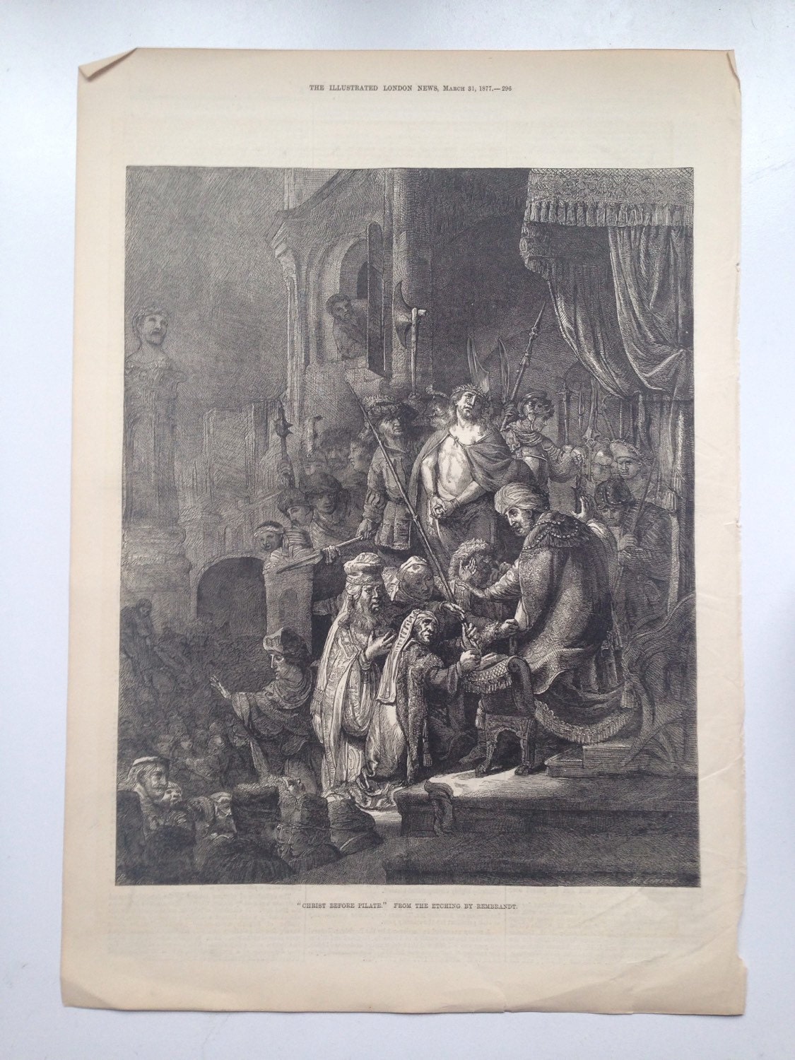 1877 Christ before Pilate from etching by Rembrandt antique print from ...