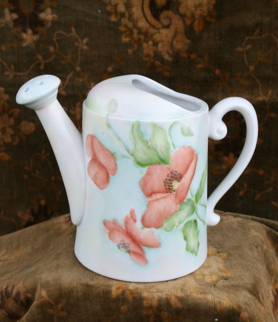 Vintage hand painted watering pitcher ceramic watering can