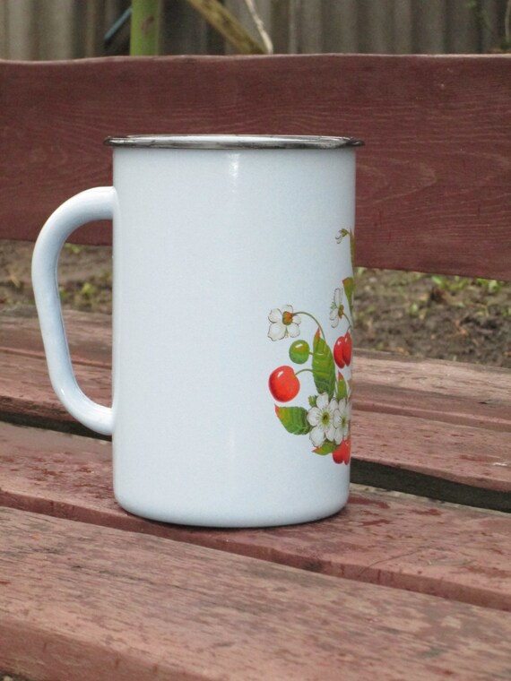 Large gray enamel mug Soviet cup pattern cherry Vintage