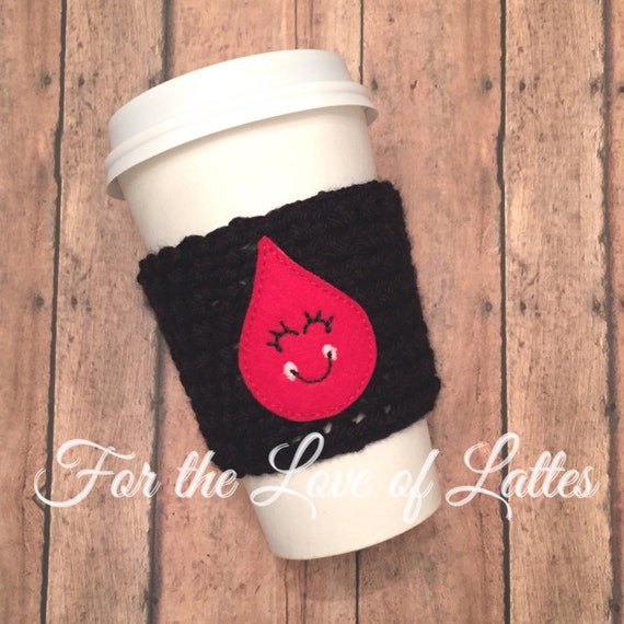 Blood drop appliqué crochet coffee sleeve coffee cozy