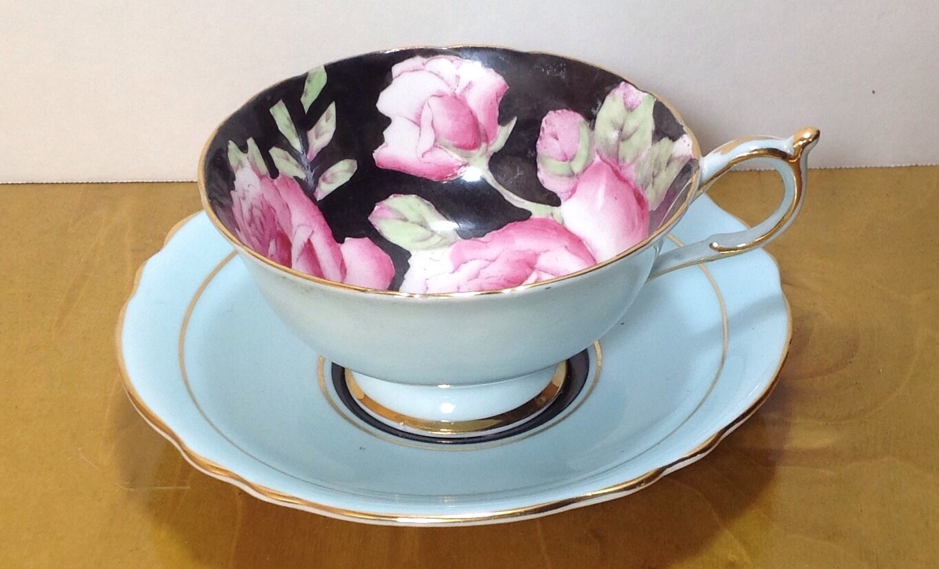Stunning Vintage paragon black baby blue & pink roses teacup and saucer ...