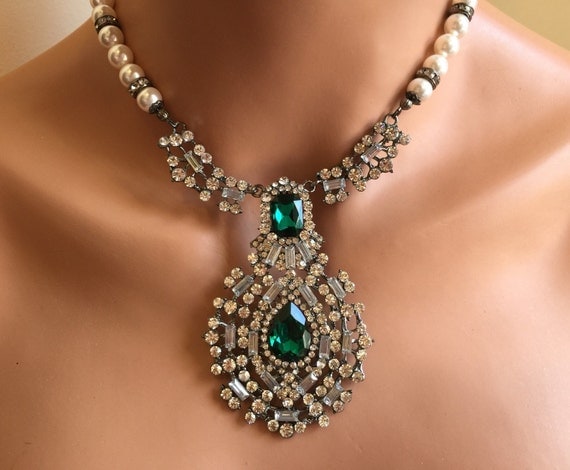 Emerald Green Rhinestone Necklace Earrings Set With Pearl And