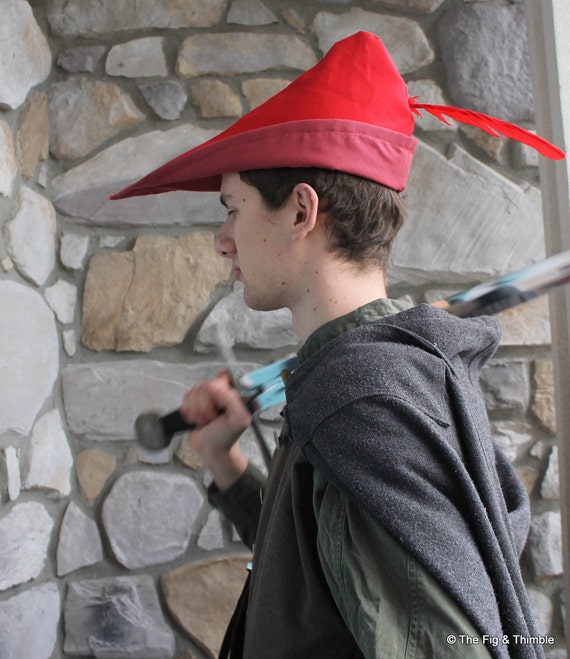 Red Medieval Peasant Hat with Feather Cotton Canvas Lined