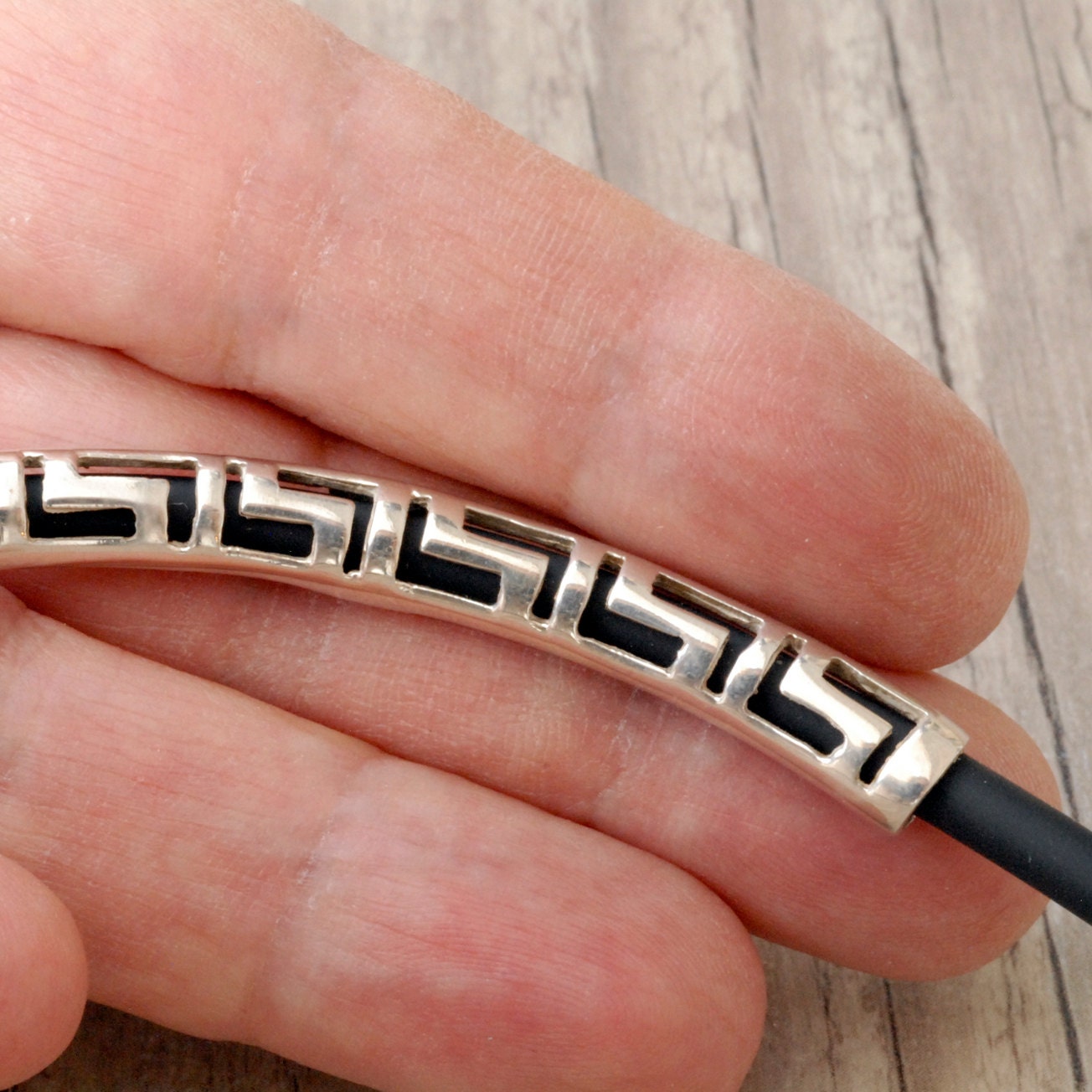 Sterling Silver Greek Key Necklace with Black Rubber Cord