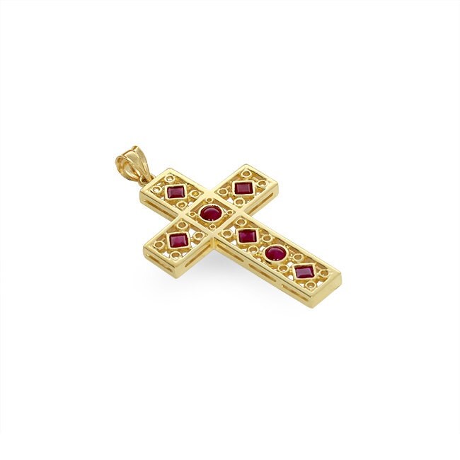 14k solid gold genuine ruby cross pendant. religious pendant.