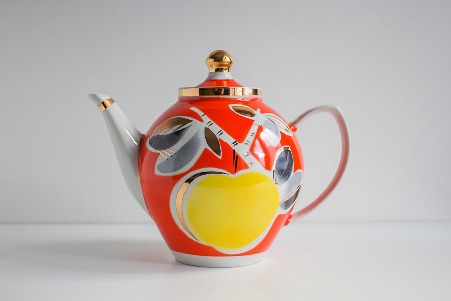 Large Soviet Vintage Coffee Tea Pot, Lidded Jug, Red White Golden ...