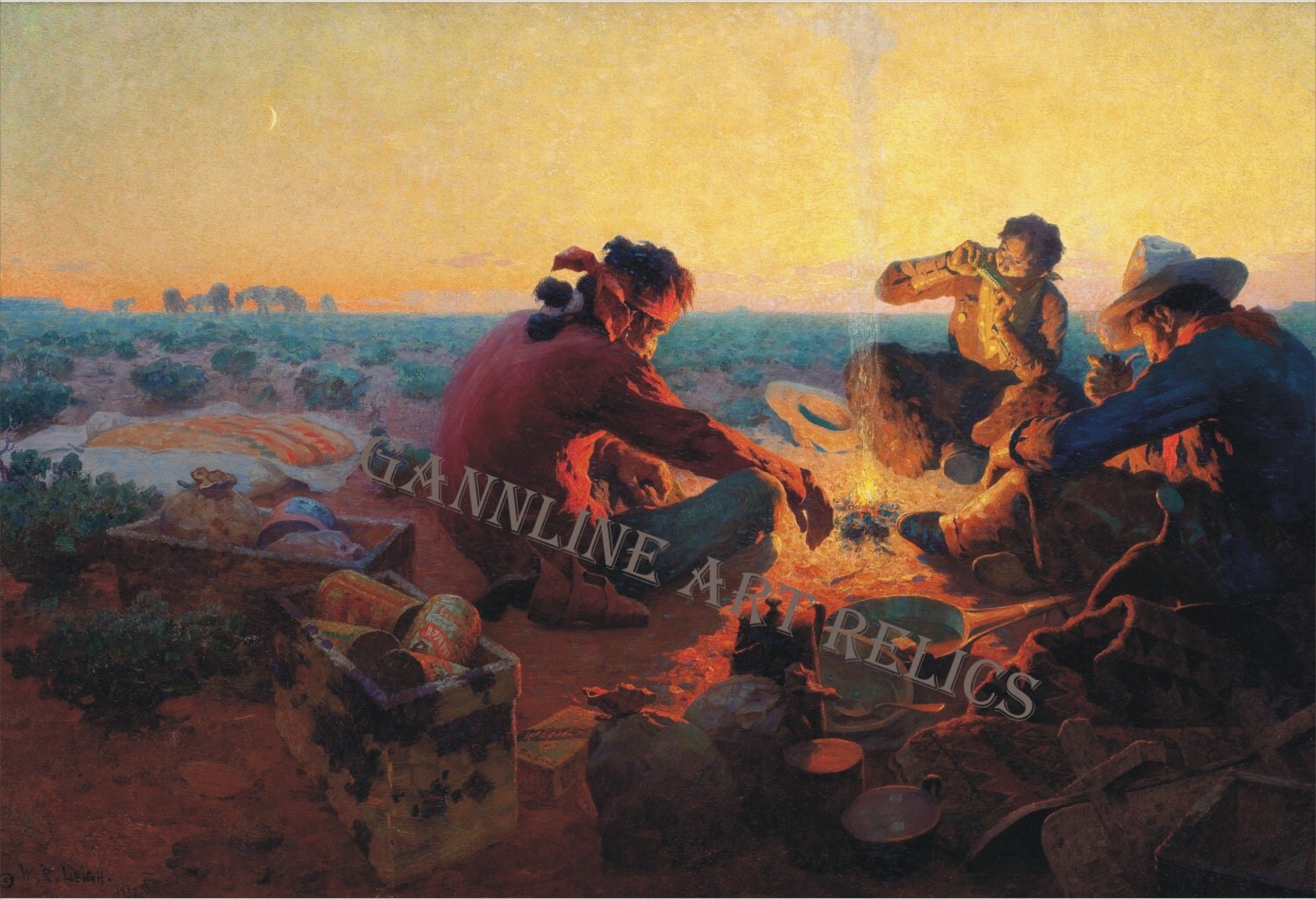 Cowboy Campfire on the Open Range Old West Art 12x18 Color