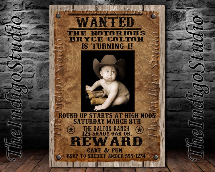 Cowboy Wanted Poster Birthday Party Photo Invitation Invite