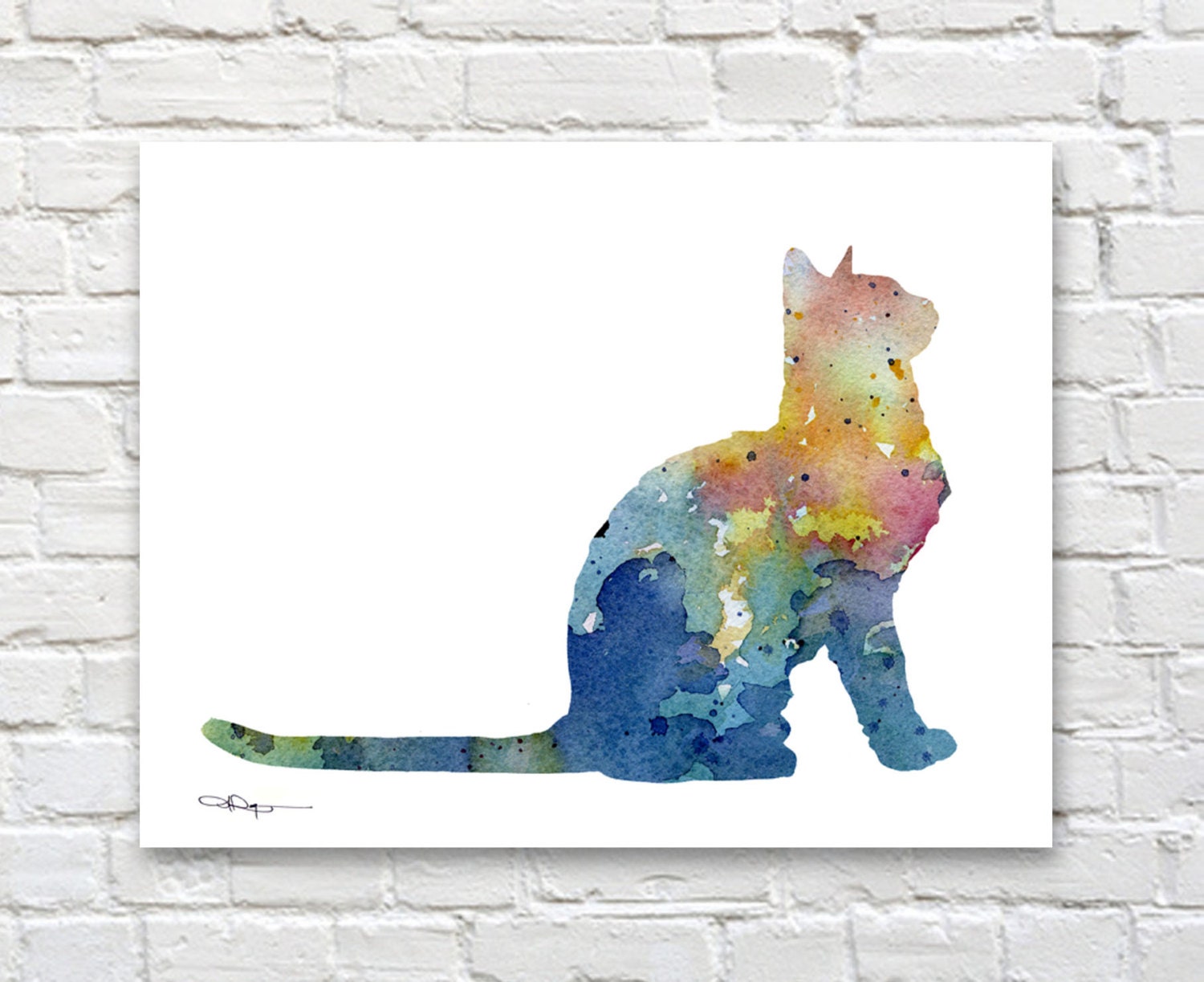 Blue Cat Art Print Abstract Watercolor Painting Wall Decor