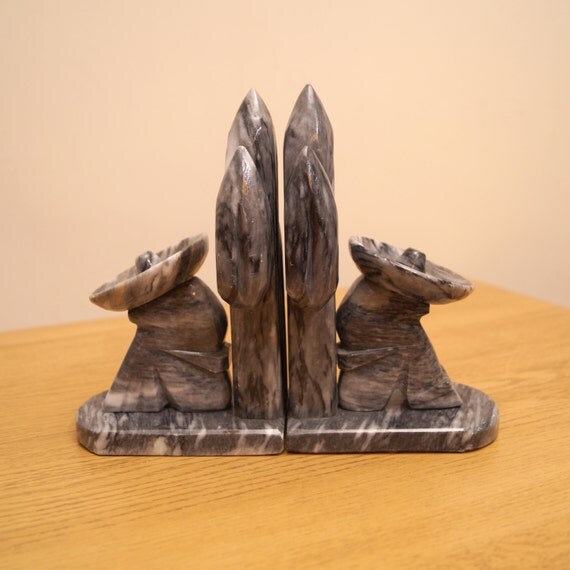 Vintage Carved Gray Marble Onyx Bookends from Mexico Siesta