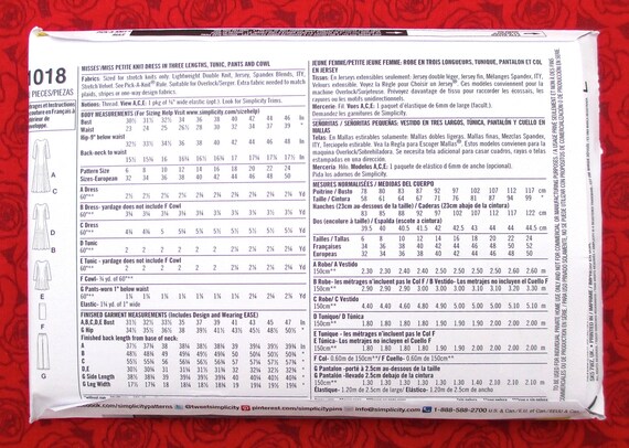 Simplicity 1018 Sewing Pattern Knit Dress Tunic Pants Cowl