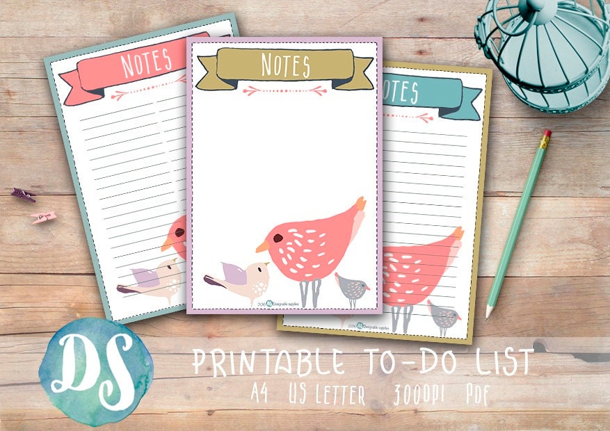 Printable Note Paper Cute Girly Bird Theme PDF A4