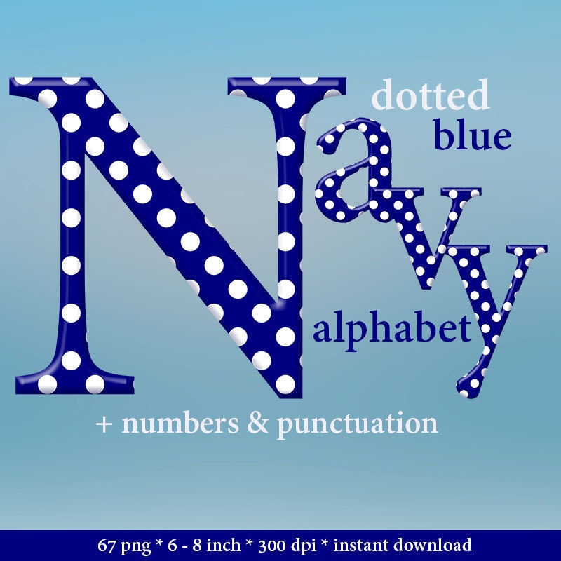 Navy blue digital alphabet with polka dots pattern clipart