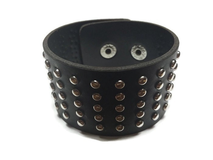 Black Leather Silver Studded Arm Cuff Bracelet Adjustable Mens