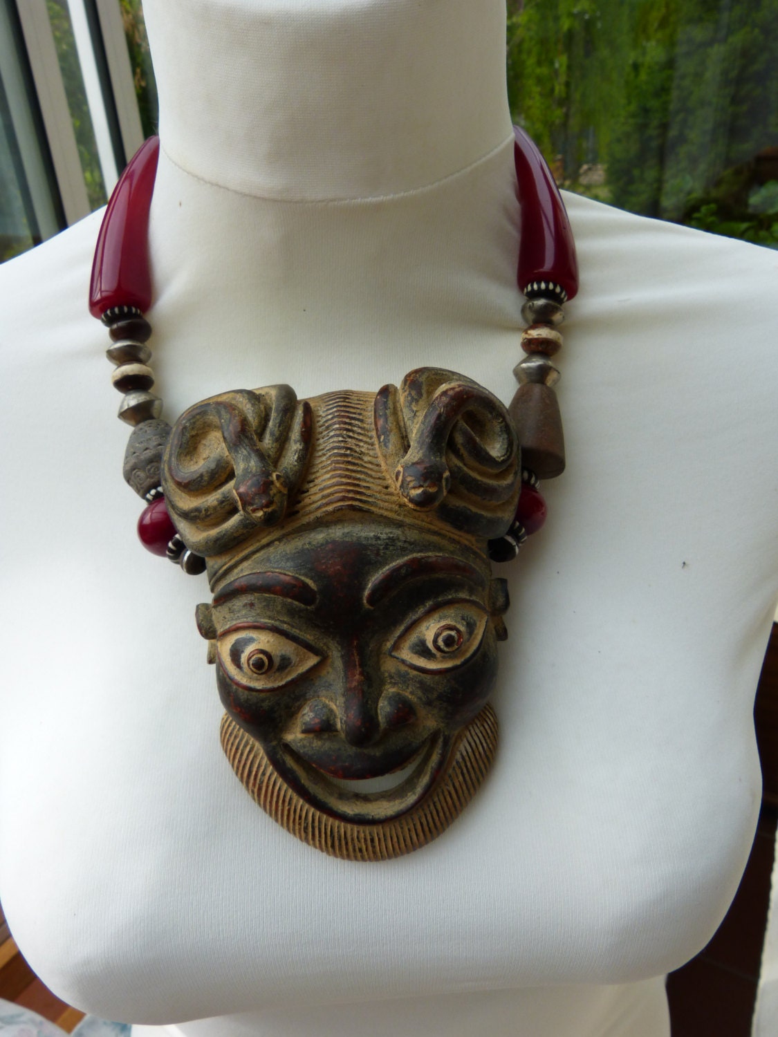 African Bamileke Passport Mask Cameroon Cherry Colored Horn