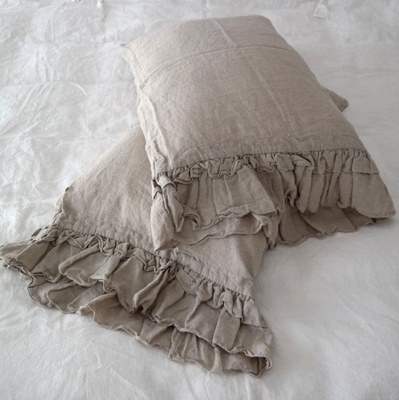Linen pillowcase with ruffles standard queen king by mooshop