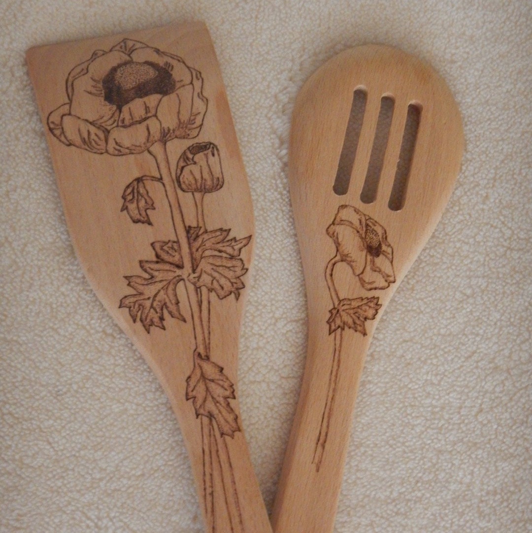 Wooden Spoon Set Floral Pyrography