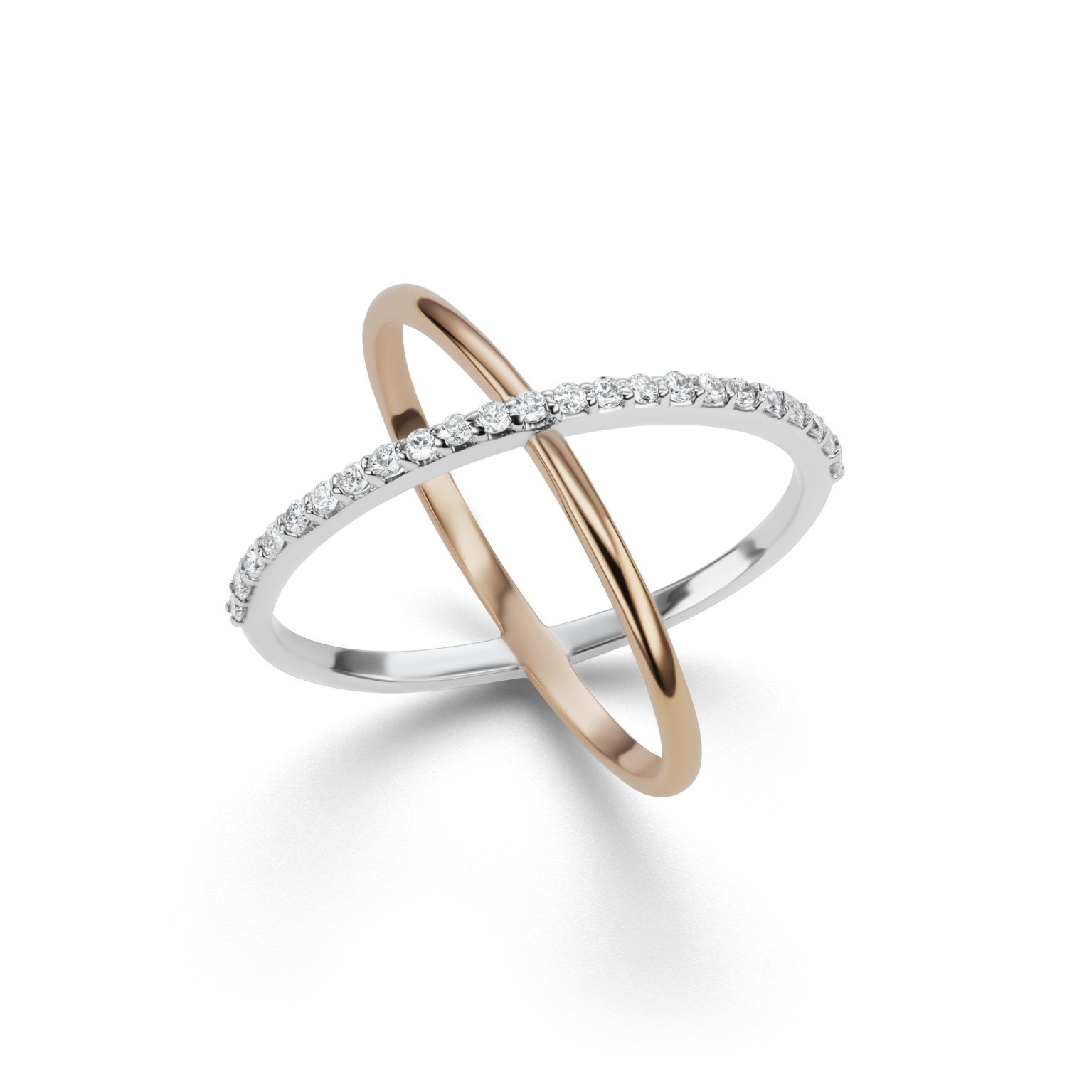 Criss Cross Diamond X Ring in 14kt Two Tone White & Rose Gold