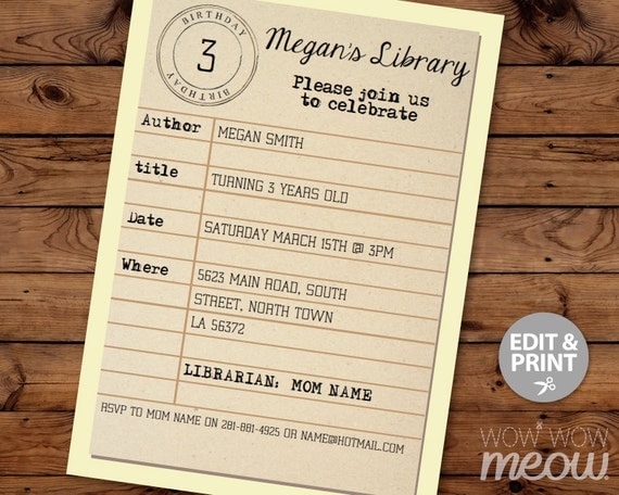 Library Card Birthday Party Invitation INSTANT DOWNLOAD