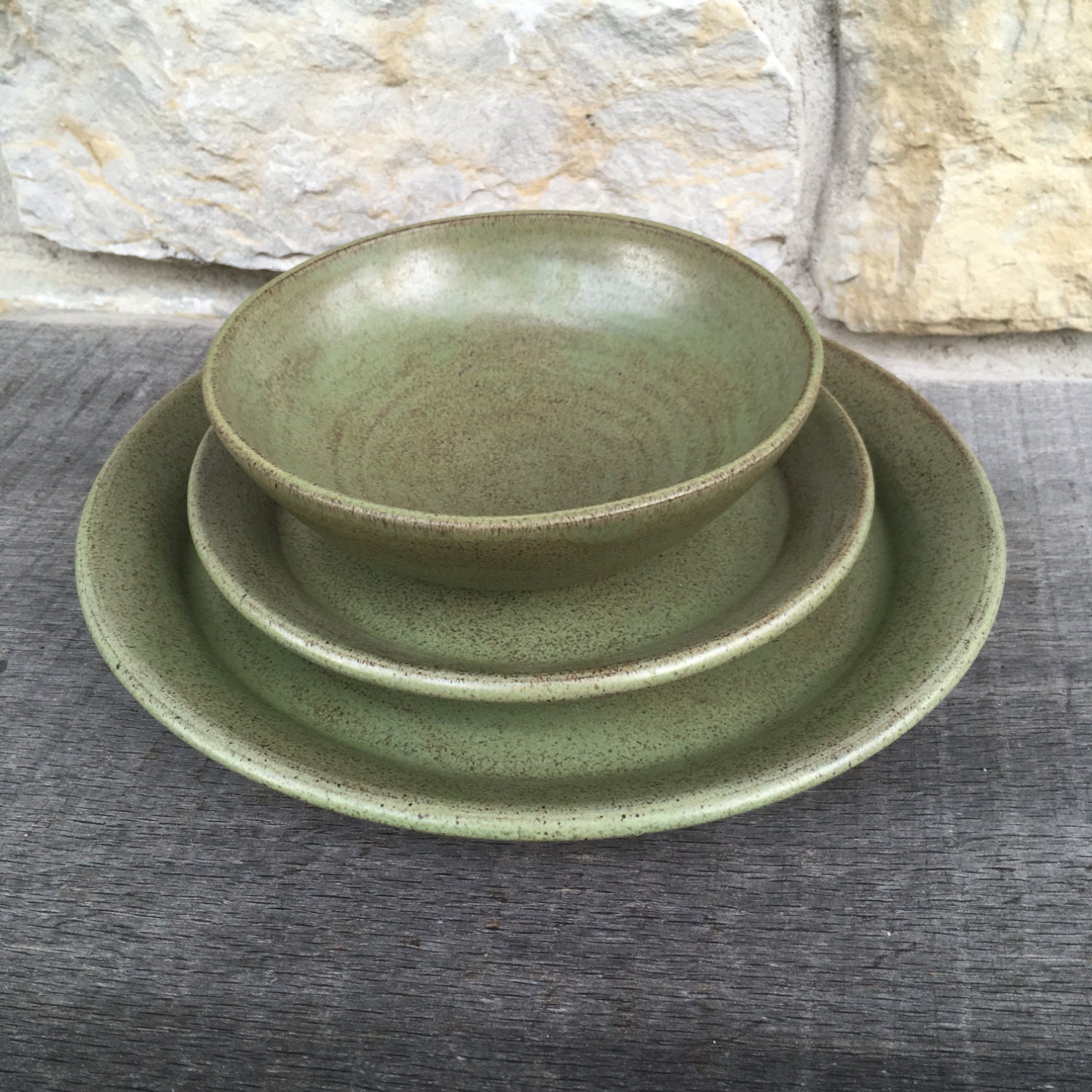 3pc pottery dinnerware place setting in tea green on dark clay