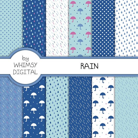 Rain Digital Paper with Raindrops, Umbrellas, and Polka Dots in shades ...