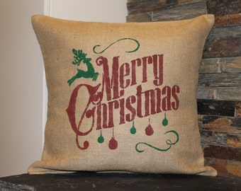 Items similar to Christmas Burlap Pillow with stamped Christmas ...