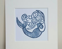 Unique mermaid linocut related items | Etsy