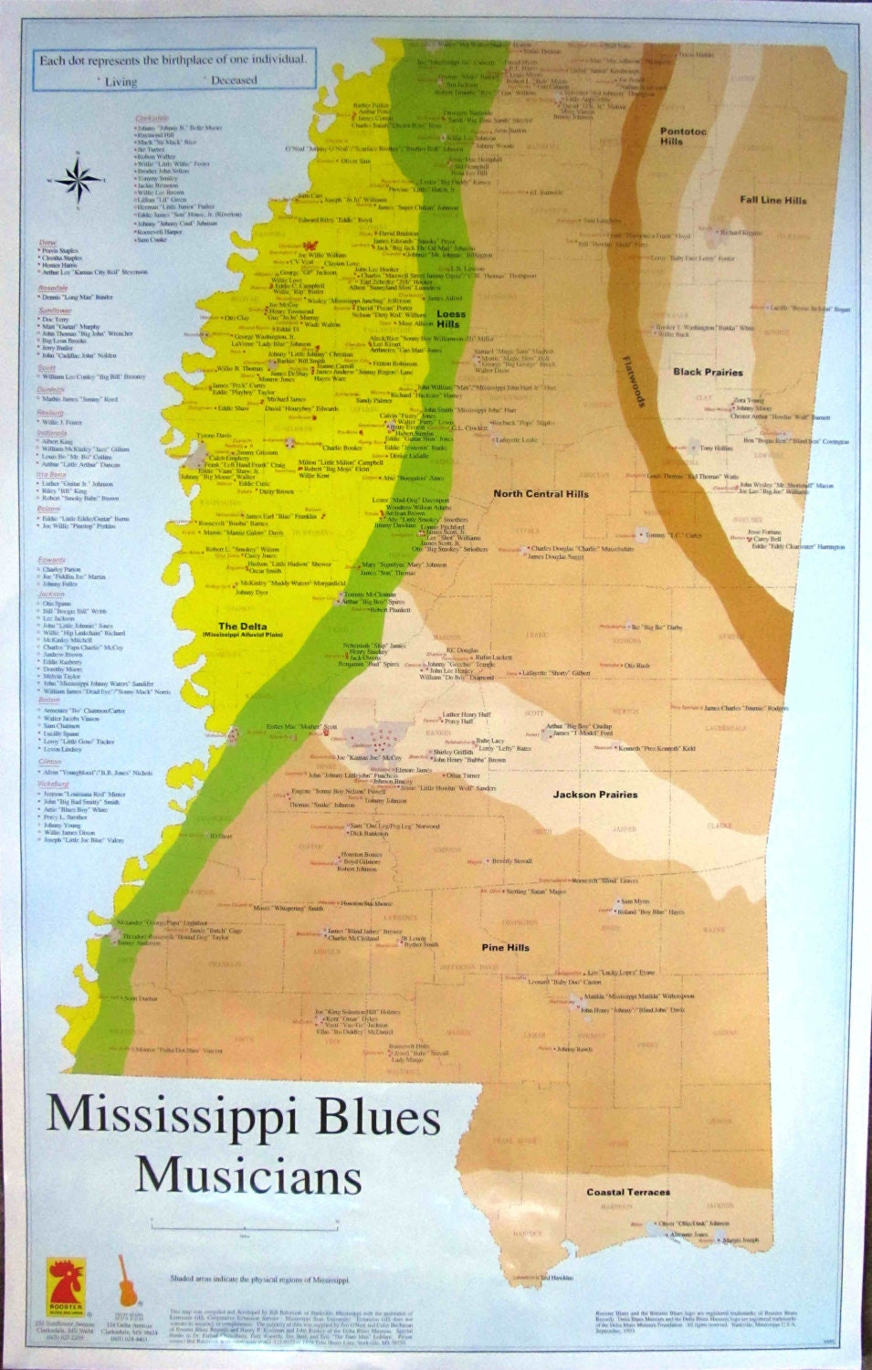 MISSISSIPPI BLUES Musicians Birthplace Map poster free