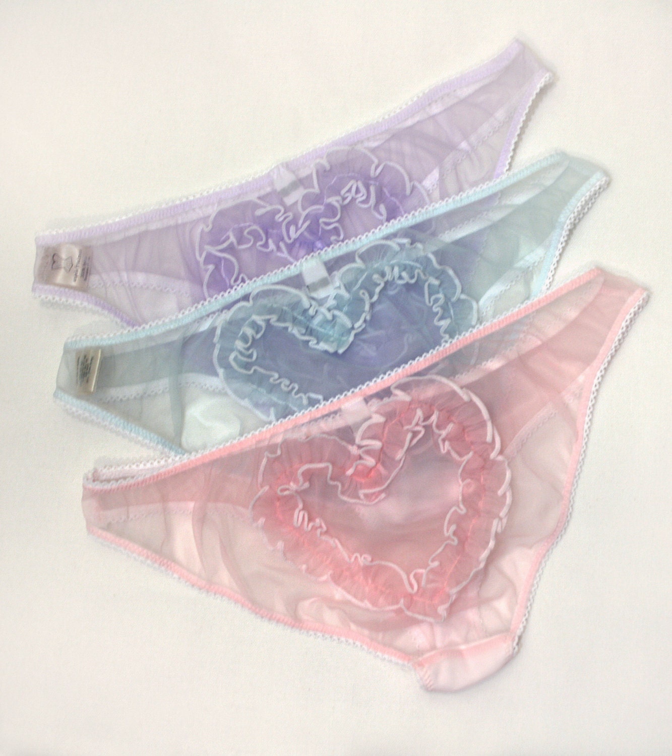 Heart ruffle panties in sheer nylon purple blue pink knickers