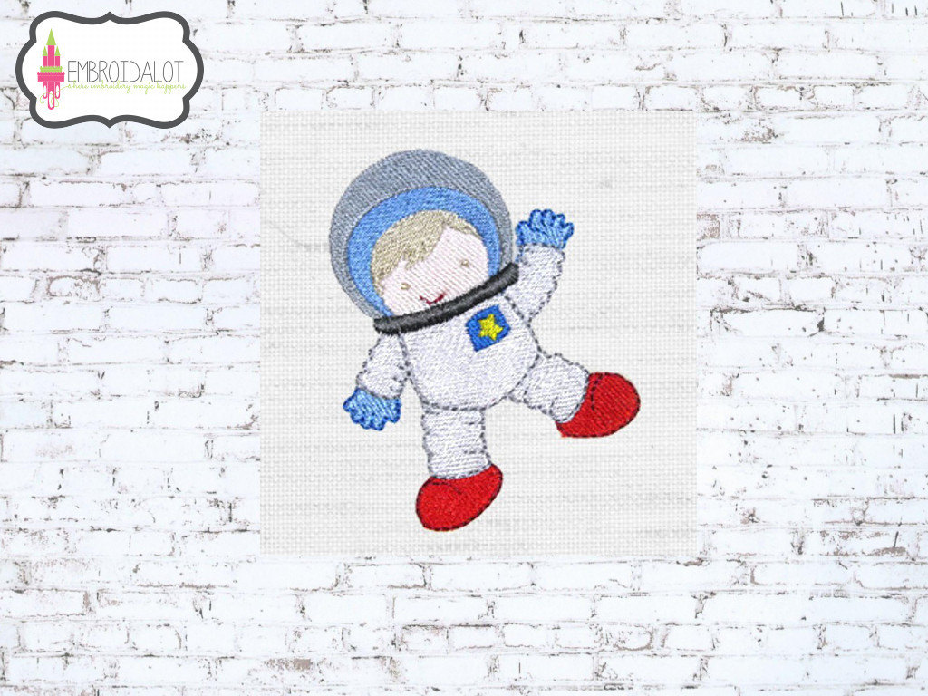 Astronaut machine embroidery design. Space explorer ready to