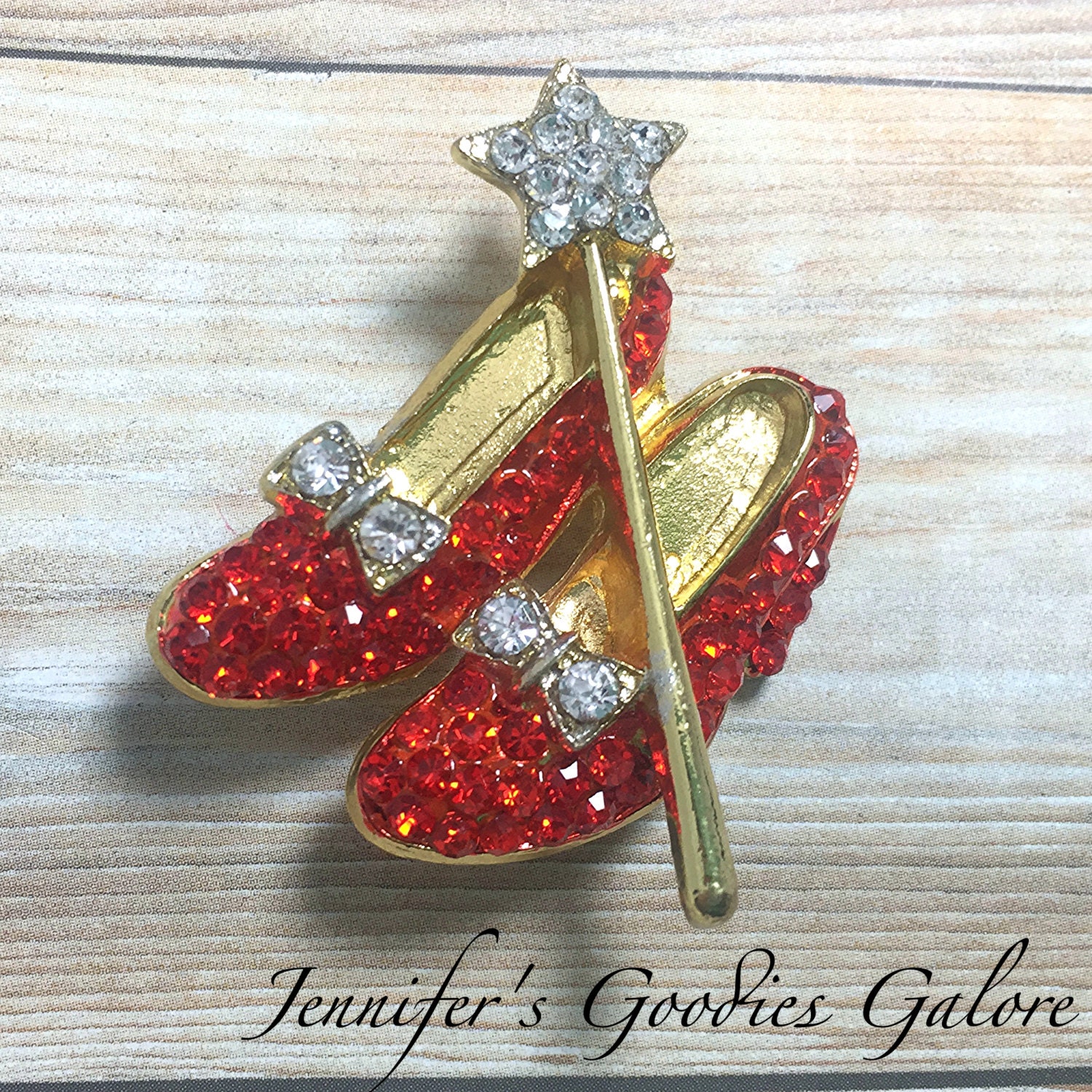 30mm Rhinestone Ruby Red Slippers with wand BROOCH Wizard of