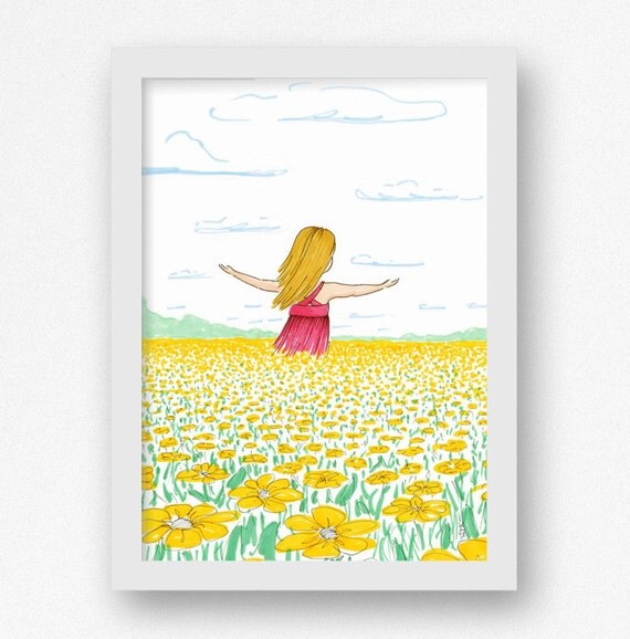 Girl in Field of Flowers Yellow Freedom Art for Girl's
