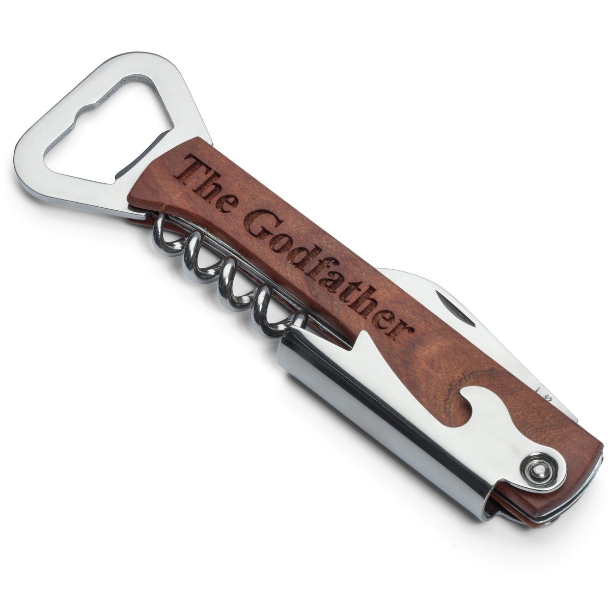 Engraved Wood & Stainless Steel Corkscrew Bottle Opener Knife