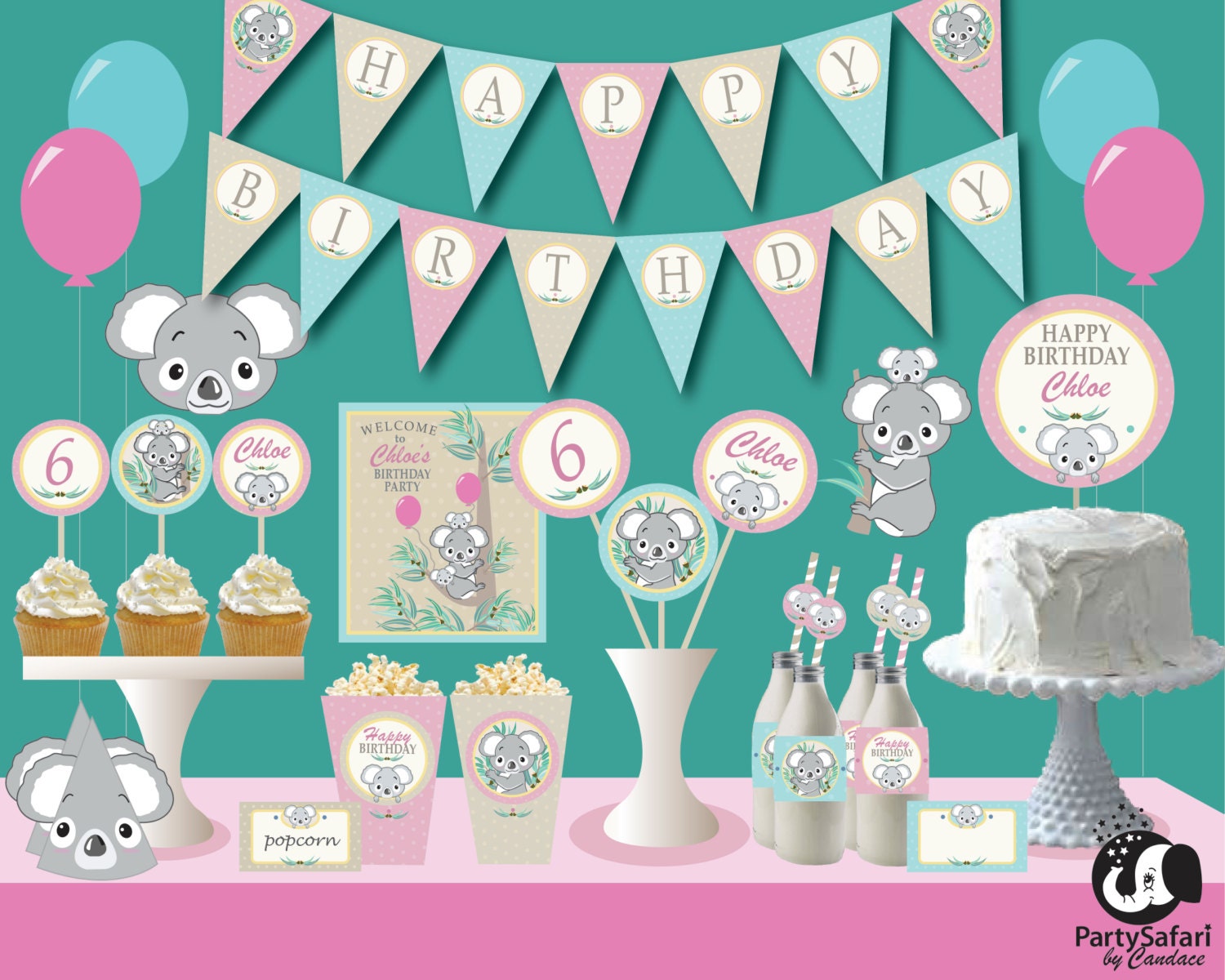 Koala Bear Girl Personalized Printable Birthday Party Package