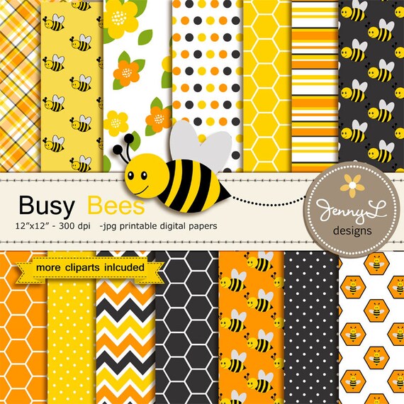 Bee Digital papers and Clipart SET, Bumble Bees, Honeycomb, Beehive ...