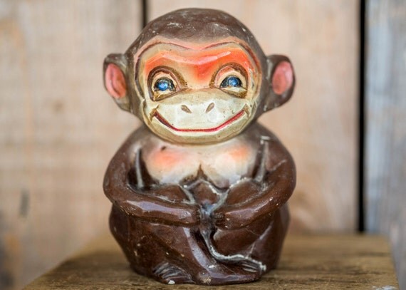 Vintage Monkey Bank Paper Mache Monkey with Gem Eyes Happy