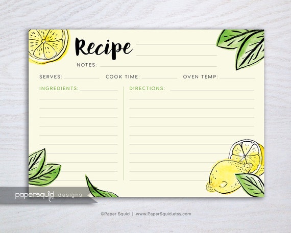 Lemon Recipe Card Lemonade Recipe Card Yellow lemon Recipe