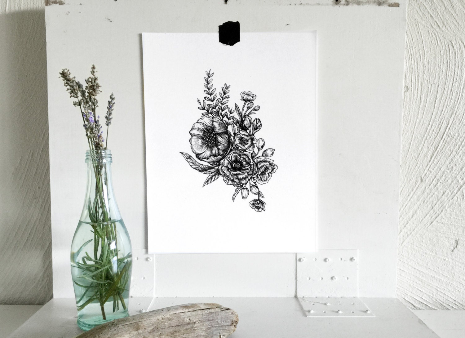 Floral Bouquet Botanical Floral Pen and Ink Hand Drawn