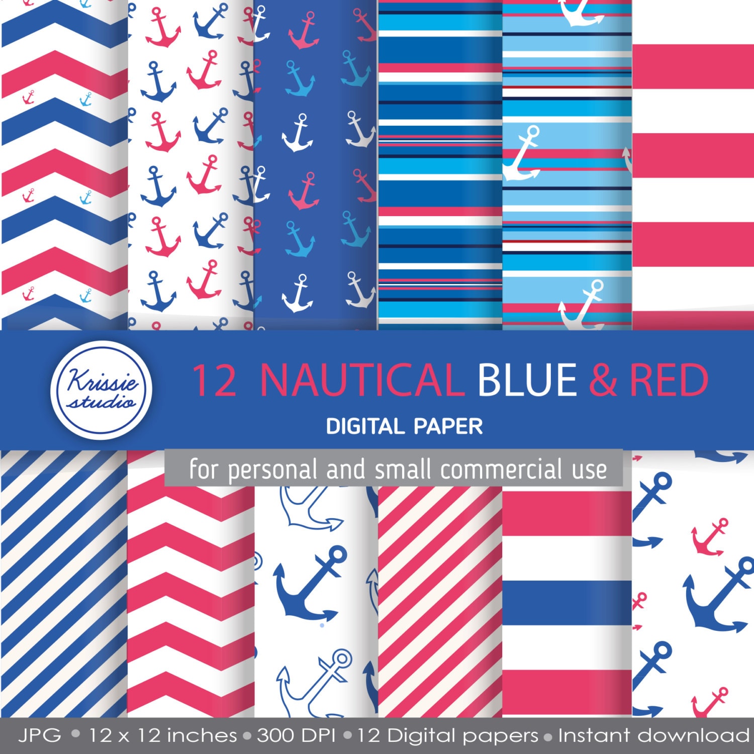 SALE 12 Nautical Blue & Red Digital Paper by Krissiestudio