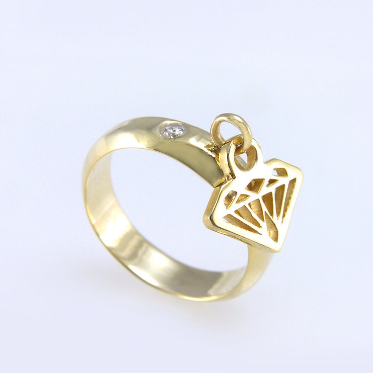 Gold Dangle Ring Diamond dangle Ring Gold dangle charm Ring