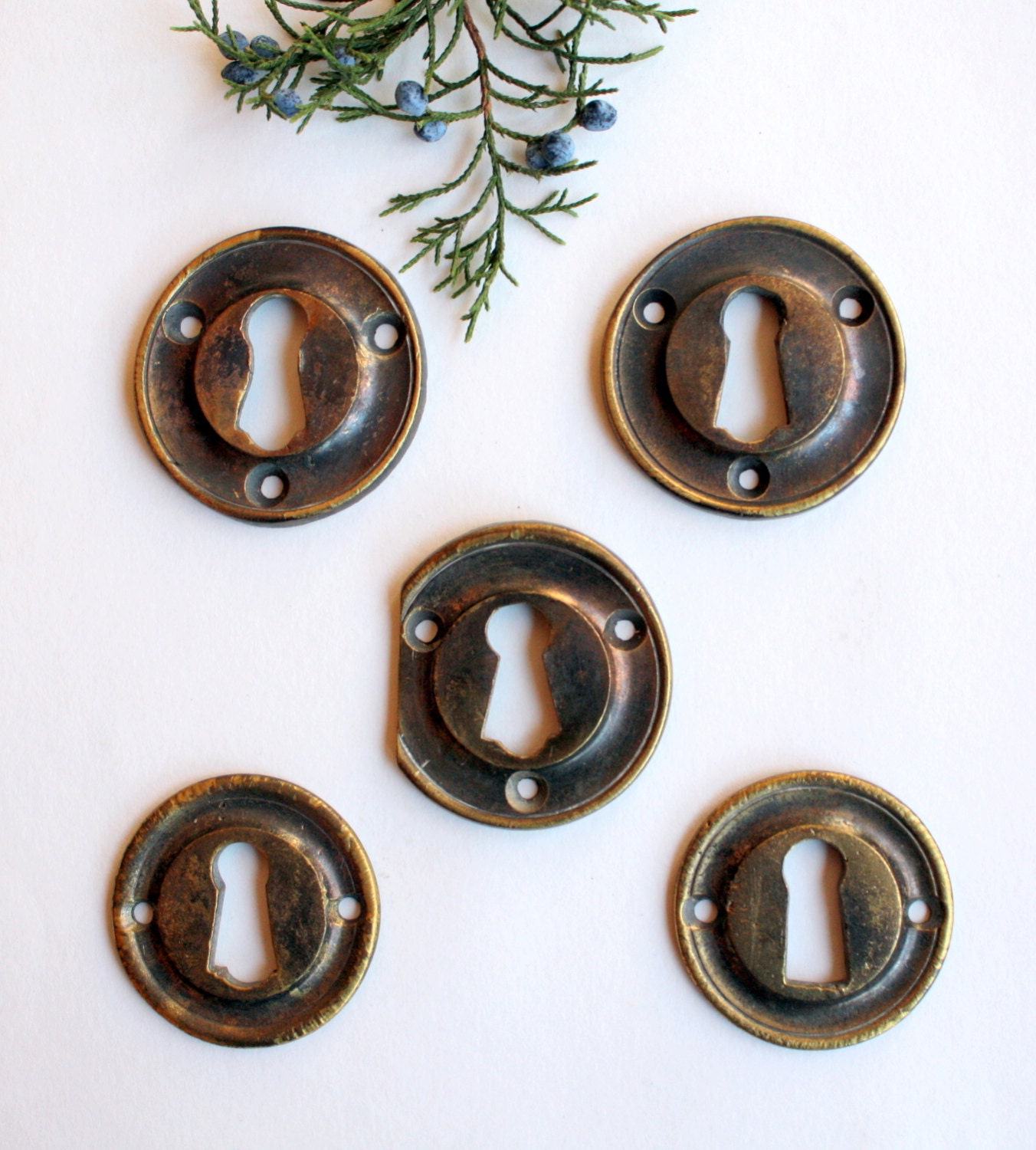 Vintage set of 5 Brass Key Hole Plates, Door Accesoires, Keyhole Brass ...