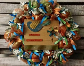 Items similar to Spring Mesh Wreath with Dragonfly Center on Etsy